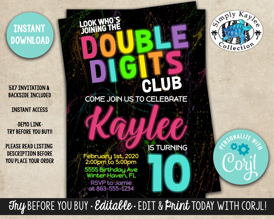 Neon Glow Double Digits Birthday Invitation - Glow in the Dark Birthday ...