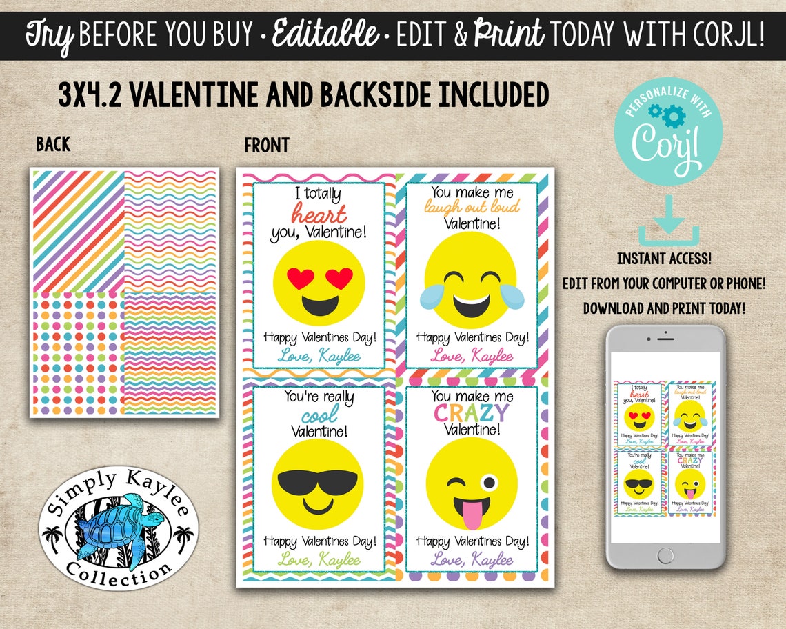 School Printable Emoji Valentine's Day Cards School - Etsy