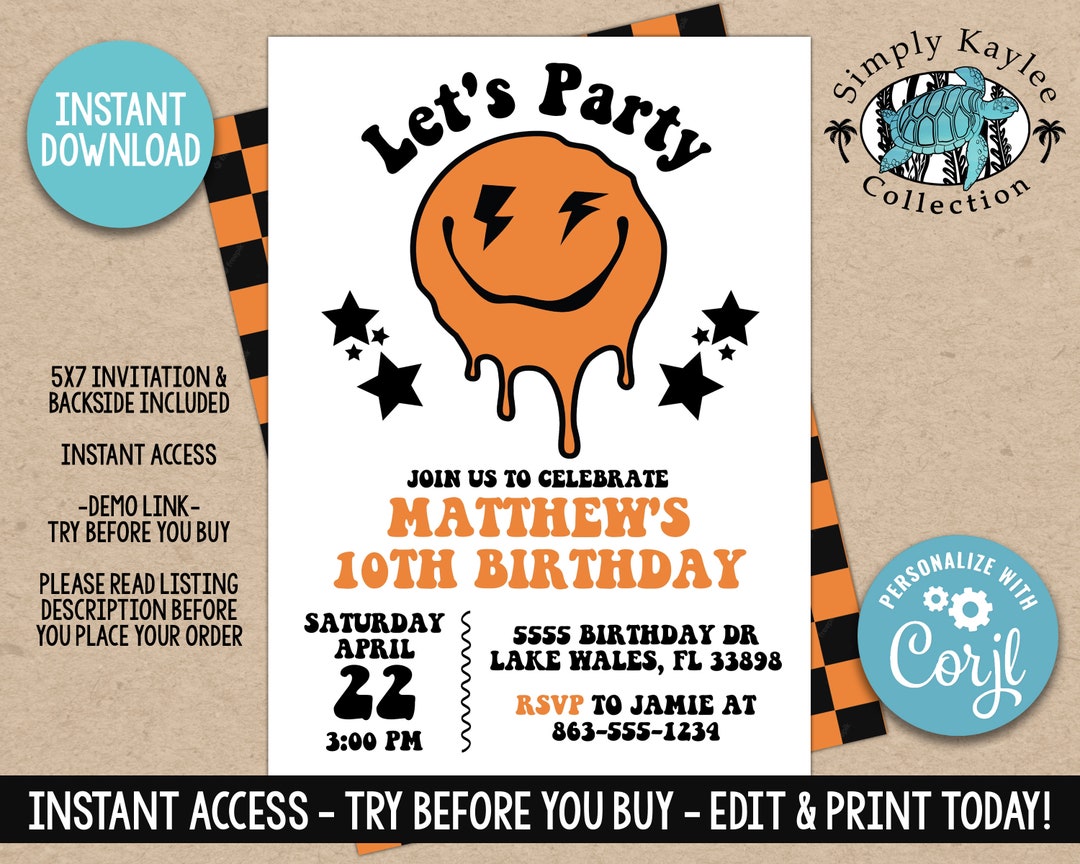 Smiley Birthday Invitation Double Digits Birthday Invitation Smile ...