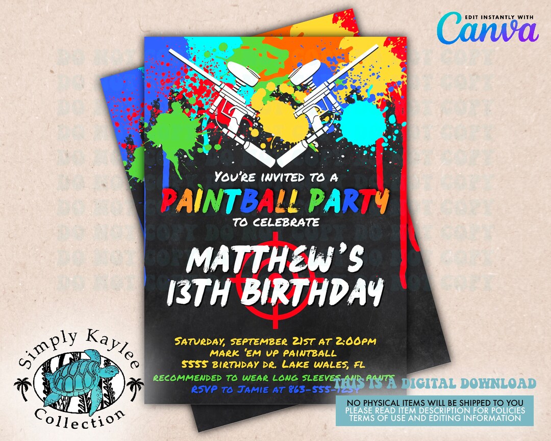 Paintball Birthday Party Invitation, Paintball Party, Paintball ...