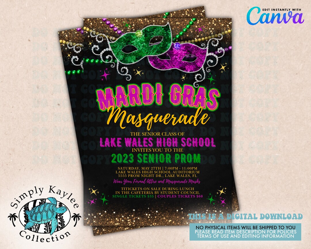 Mardi Gras Masquerade Prom Invitation: Editable Template (digital ...