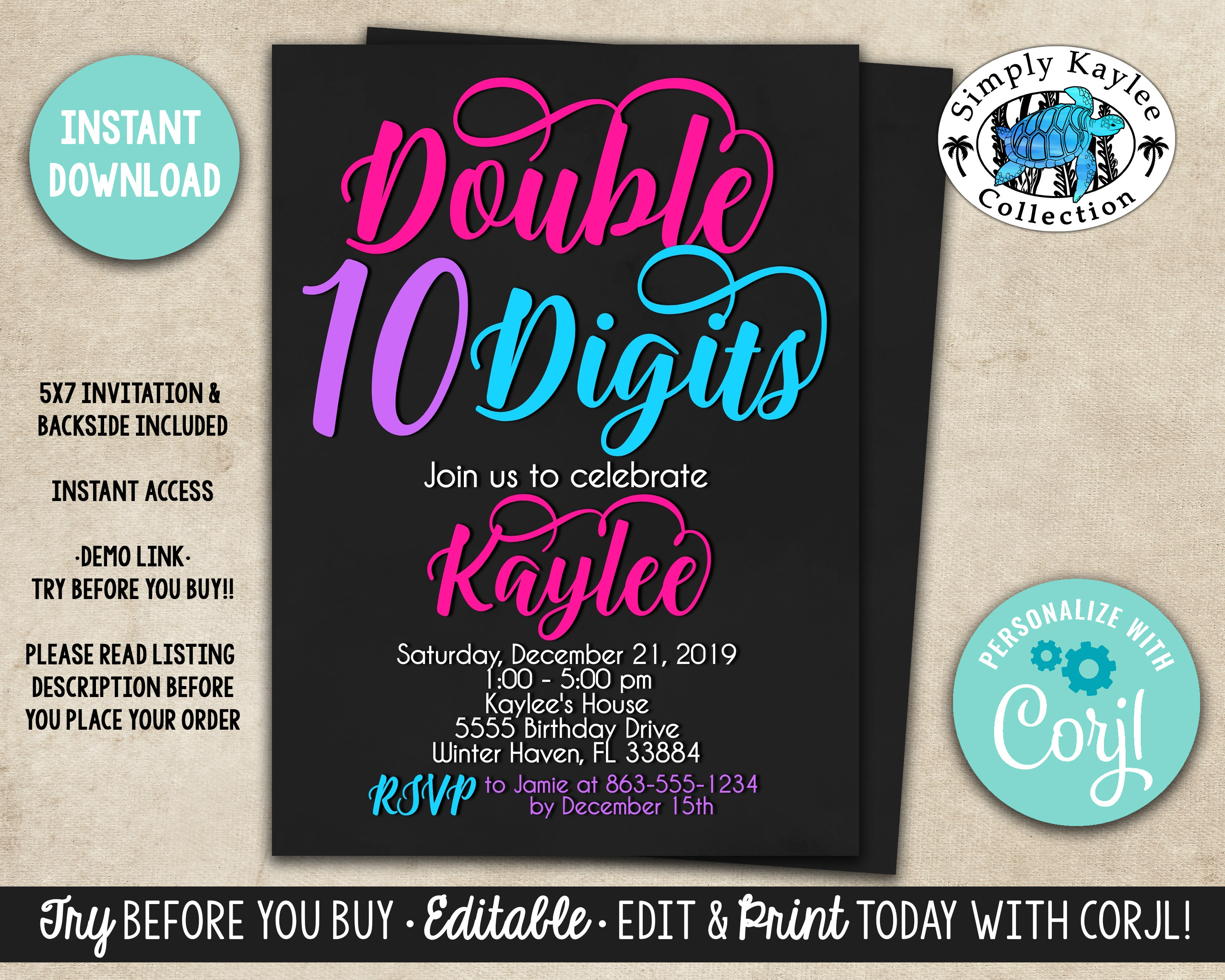 Double Digits Birthday Invitation Girls 10th Birthday Party Etsy
