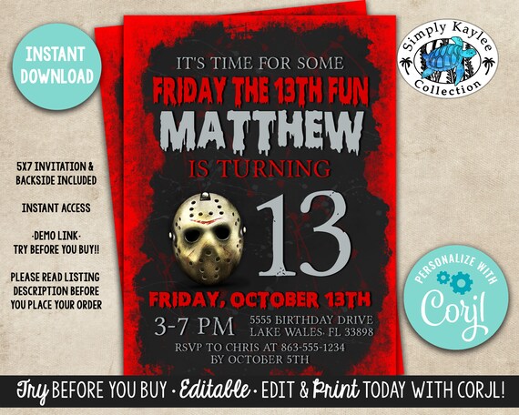 Friday the 13th Birthday Invitation Friday the 13th - Etsy