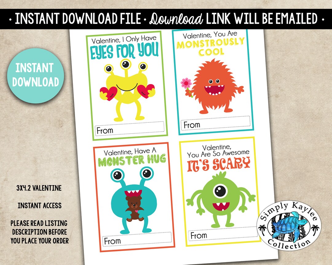 Monster Valentine's Day Cards: Printable Classroom Valentines (digital ...