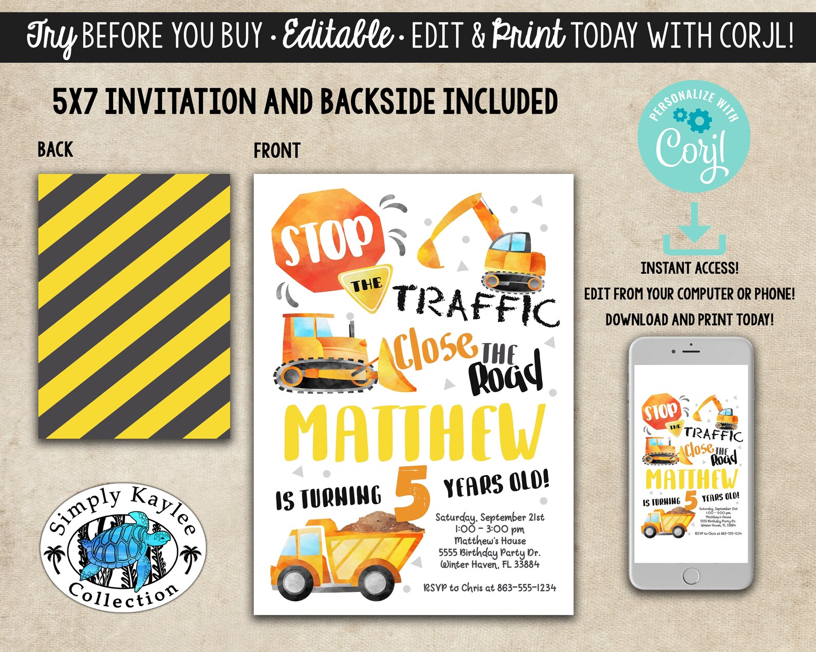 Construction Birthday Party Invitation Caution Birthday | Etsy