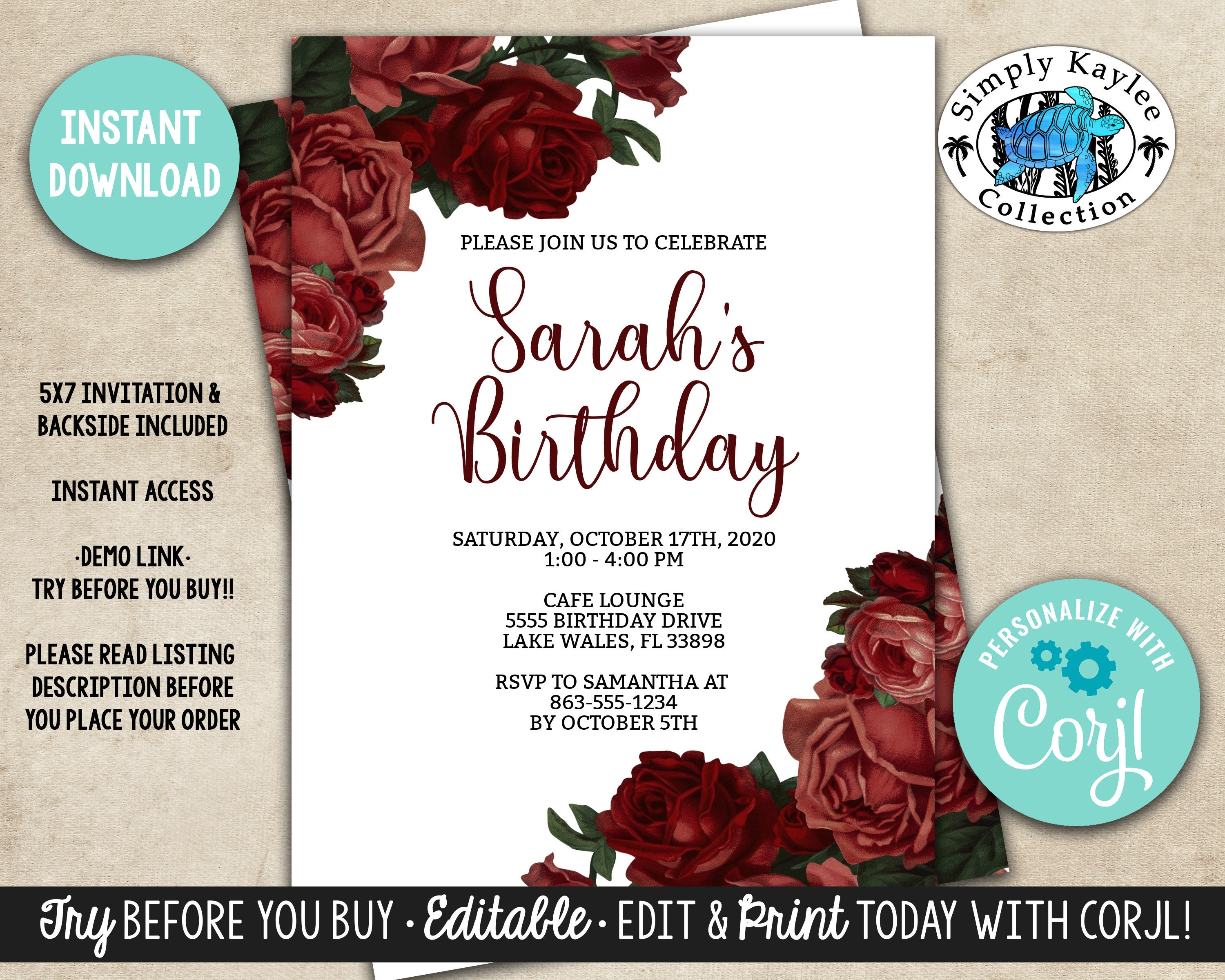 Red Roses Birthday Invitations Floral Birthday Invitation | Etsy