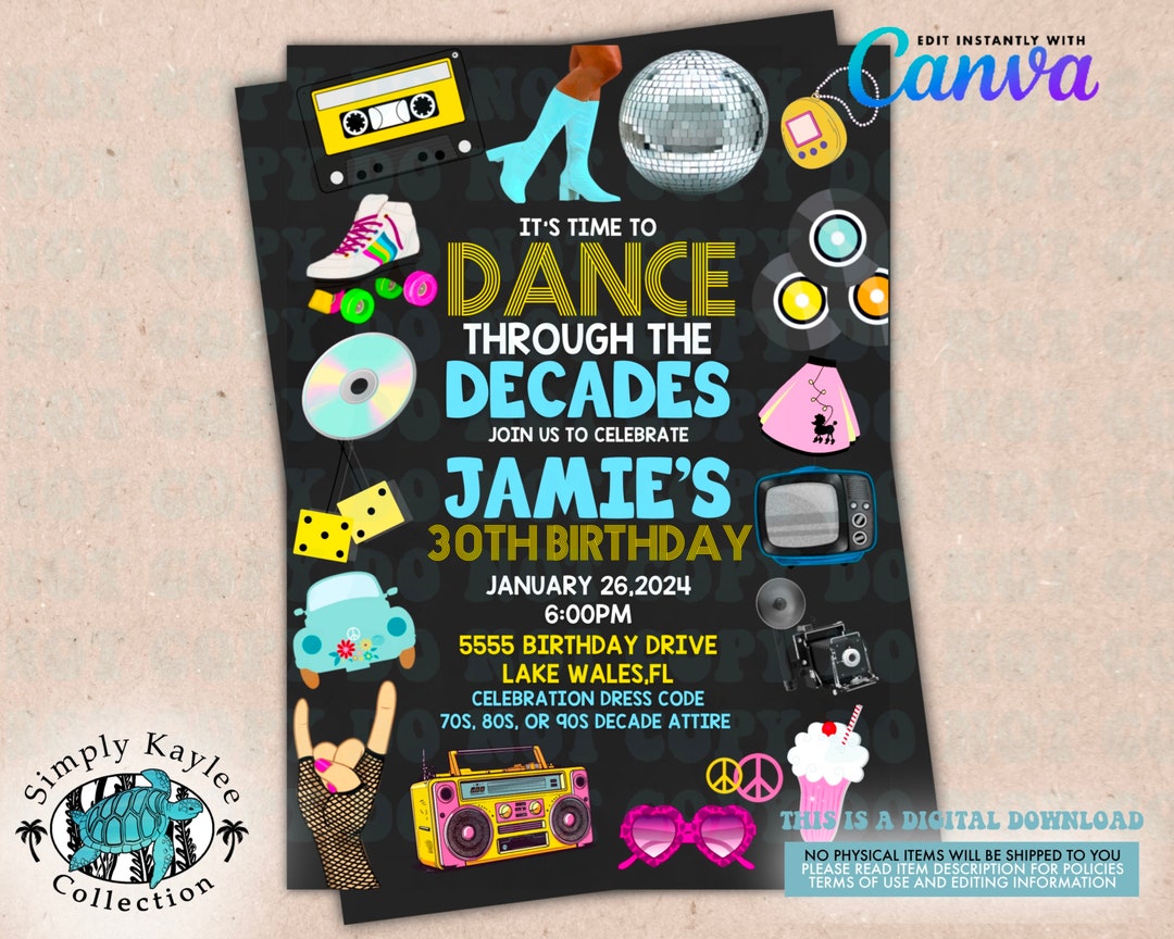 Dance Through the Decades Birthday Invitation - Decade Dance Birthday ...