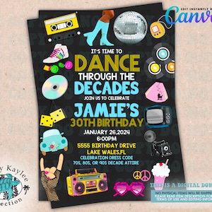 Dance Through the Decades Birthday Invitation - Decade Dance Birthday ...