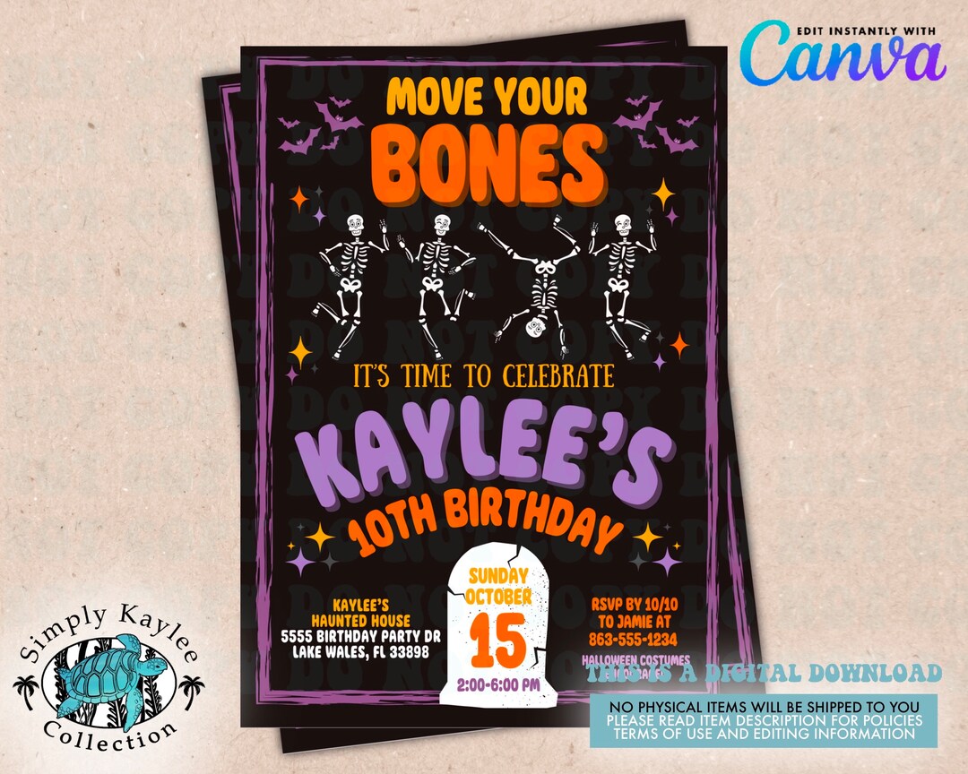 Move Your Bones Halloween Birthday Invite, Halloween Party Invitation ...