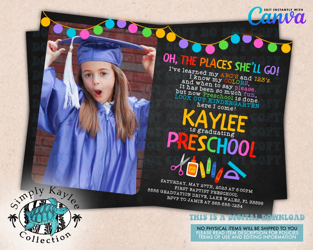 Editable School Graduation Invitation: Preschool, Kindergarten (digital ...