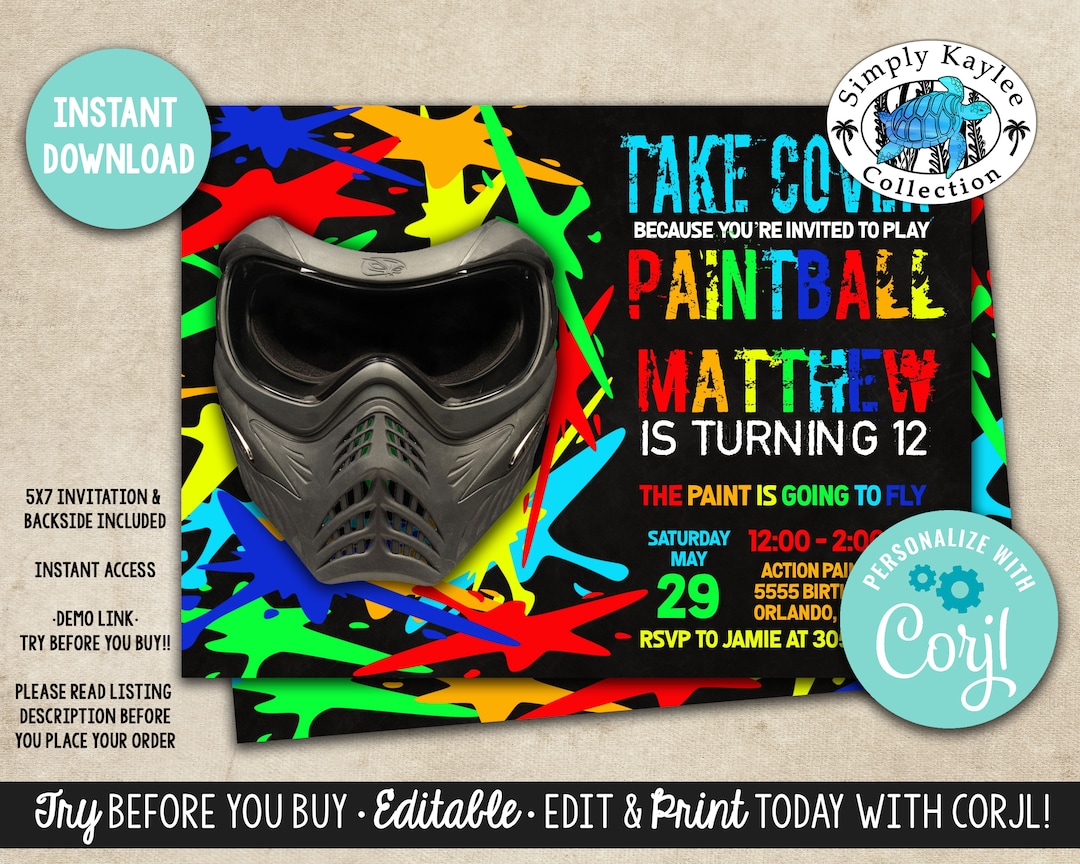 Paintball Birthday Party Invitation, Paintball Party, Paintball ...