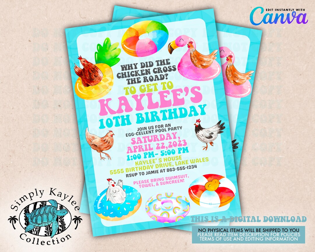 Chicken Birthday Party Invitation - Pool Party Birthday - Farm Birthday ...
