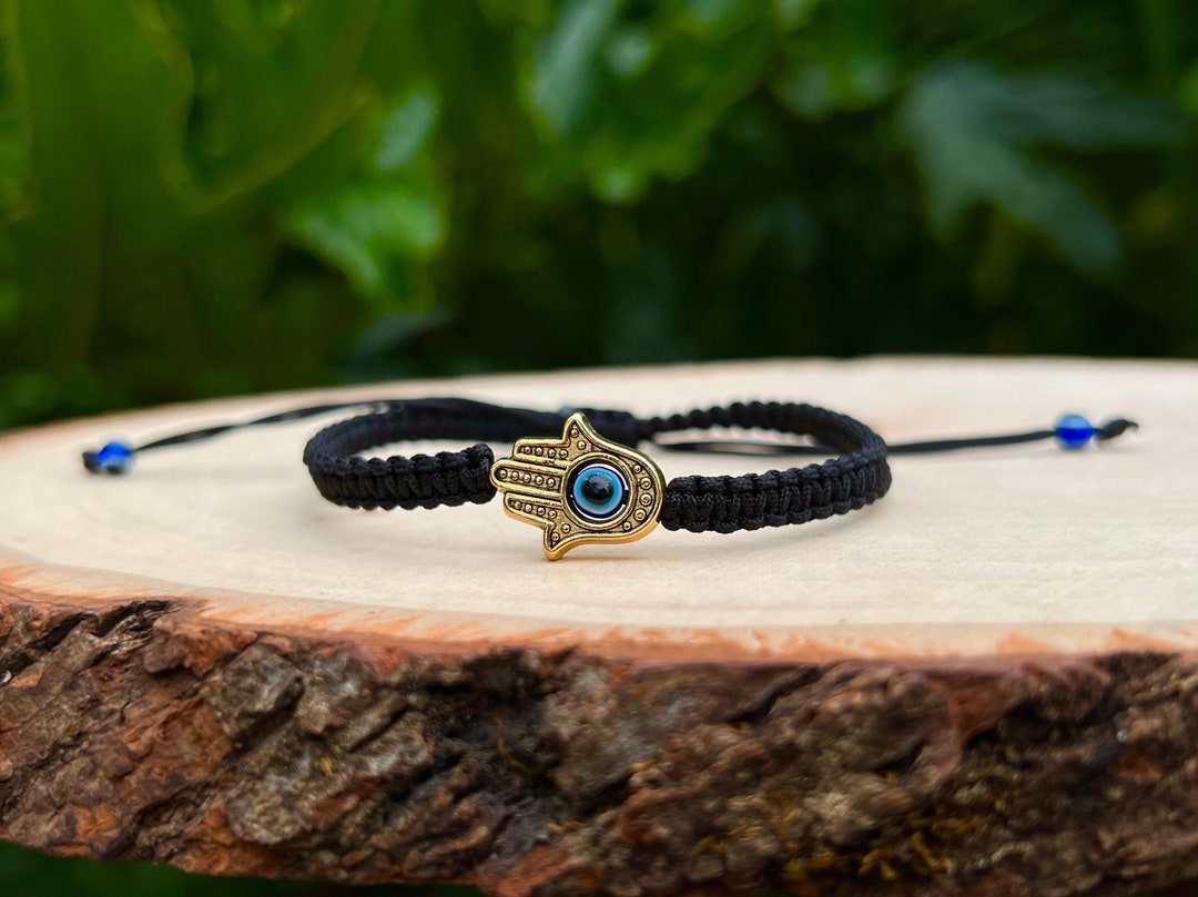 Hamsa Hand Evil Eye on Adjustable Black Hemp Bracelet - Etsy