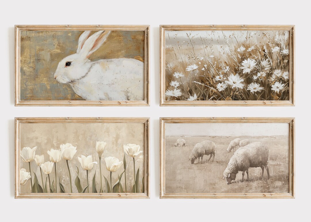 Neutral Frame Tv Art Easter Set of 4, Bunny, Sheep and Flowers, Spring ...