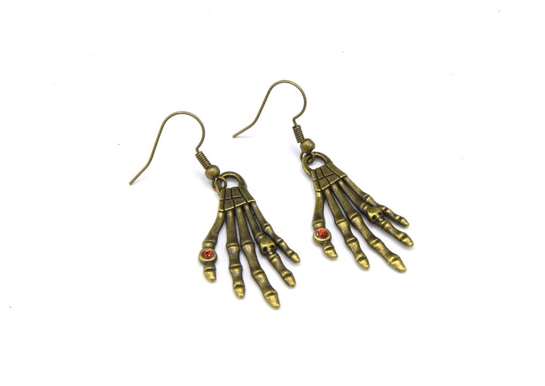 Red Rhinestone Bronze Skeleton Hand Earrings, Halloween - Etsy