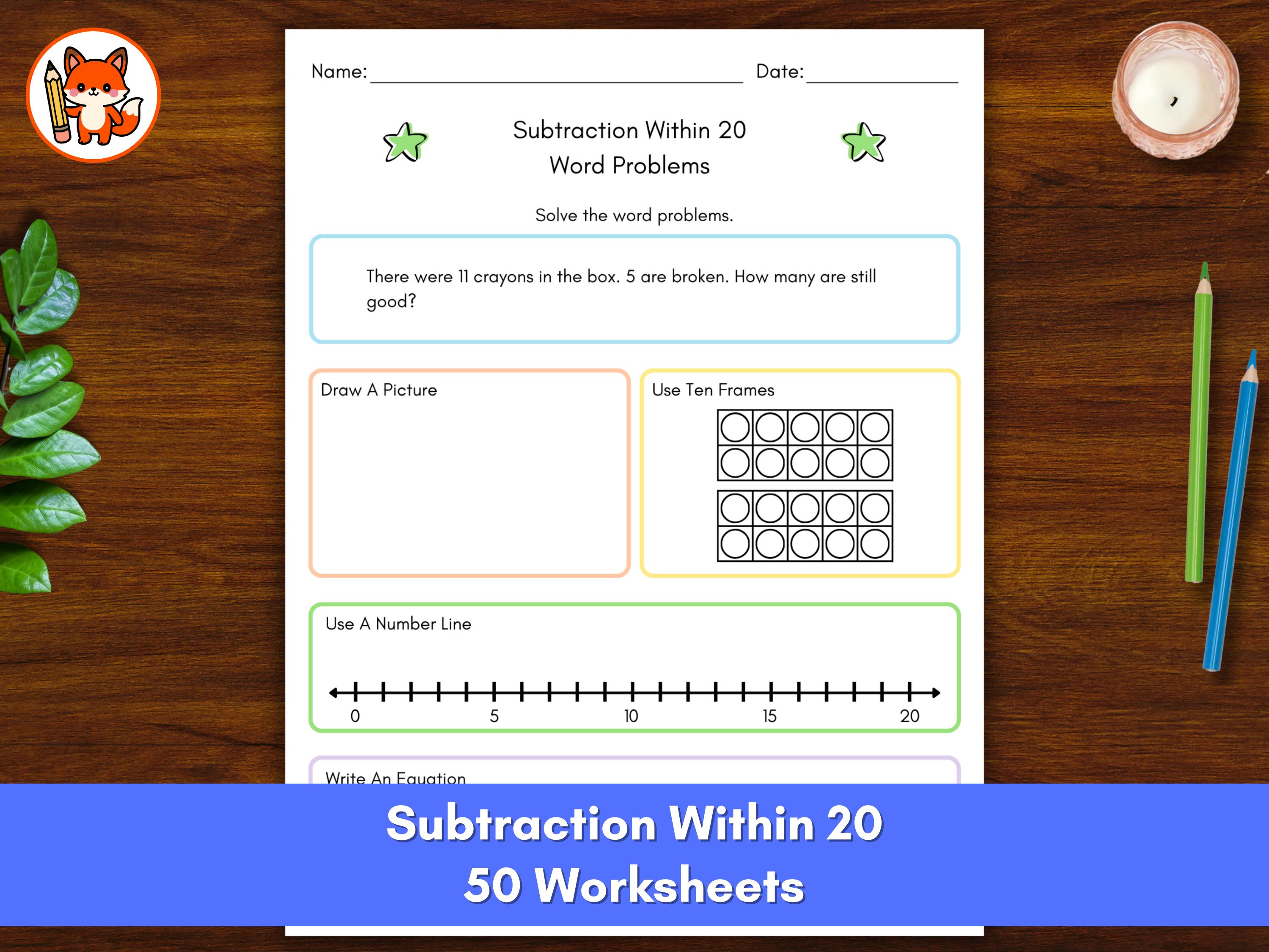 50 Printable Subtraction Word Problem Worksheets, Subtraction Within 20 ...