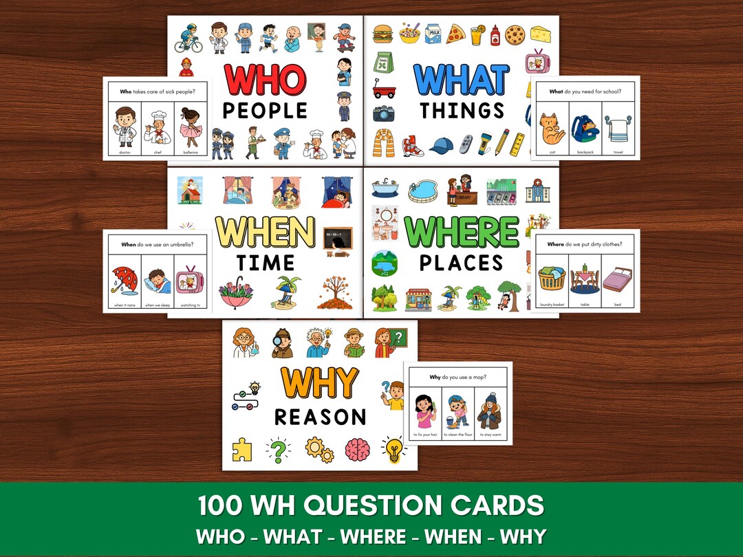 100 WH Question Cards: Speech Therapy Who, What, Where, When, Why ...