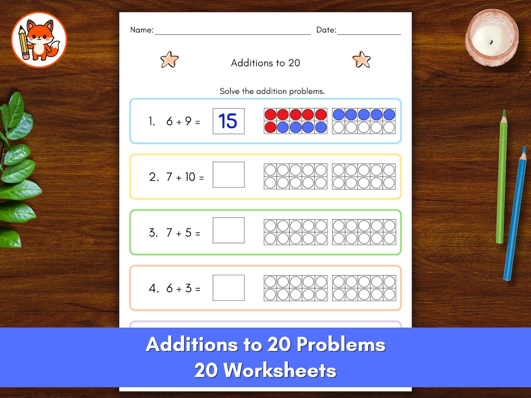 Addition Worksheets: Adding to 20 Using Ten Frame Math for 1st-2nd ...