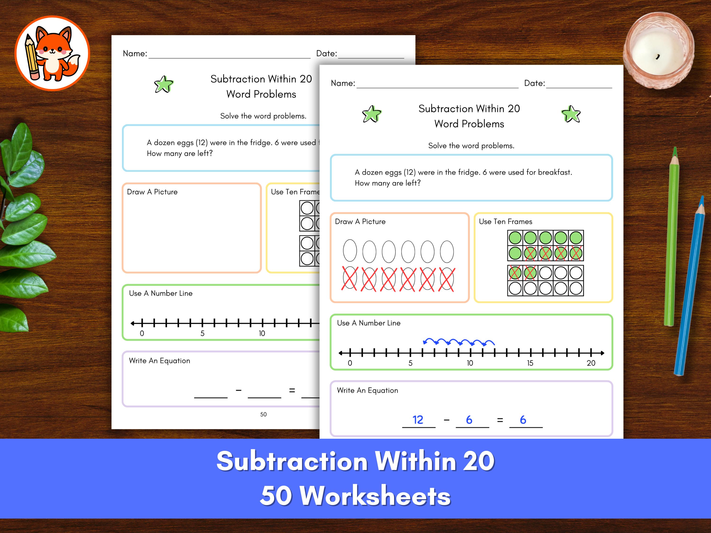 50 Printable Subtraction Word Problem Worksheets, Subtraction Within 20 ...