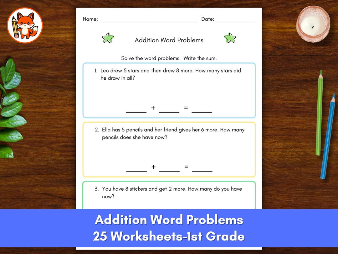 Addition Word Problems - 25 Math Worksheets for 1st Grade (digital ...