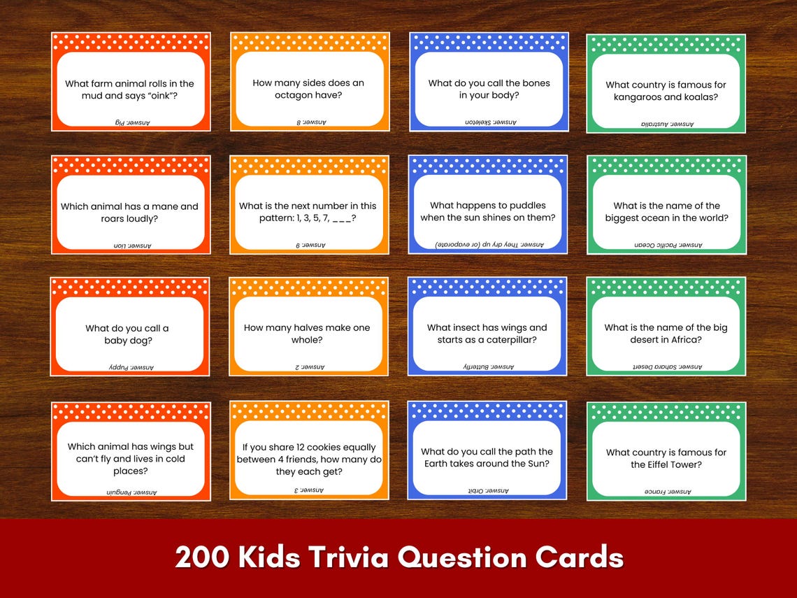 Kids Trivia Cards: 200 Printable Quiz Questions (digital Download) - Etsy