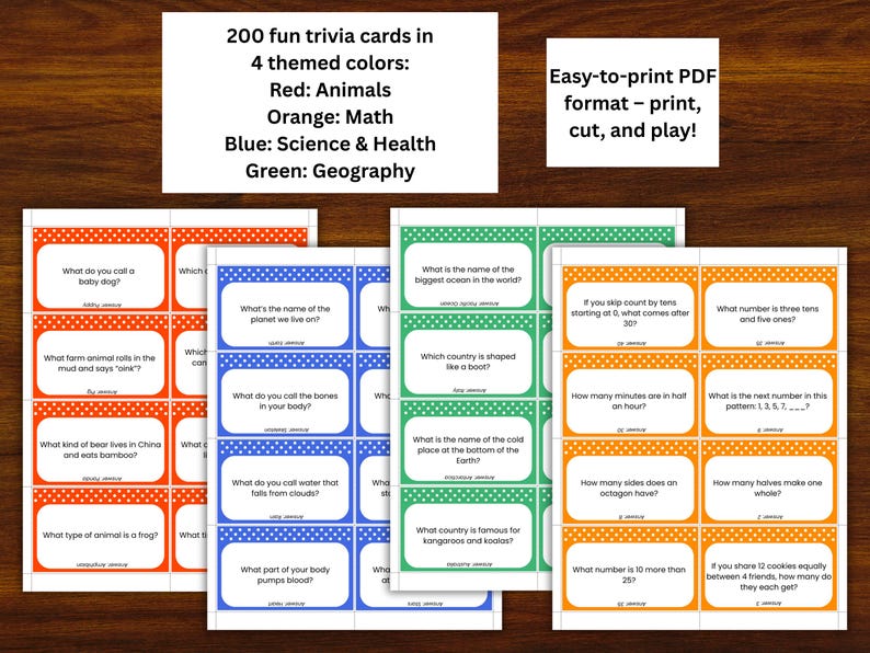 Kids Trivia Cards: 200 Printable Quiz Questions (digital Download) - Etsy