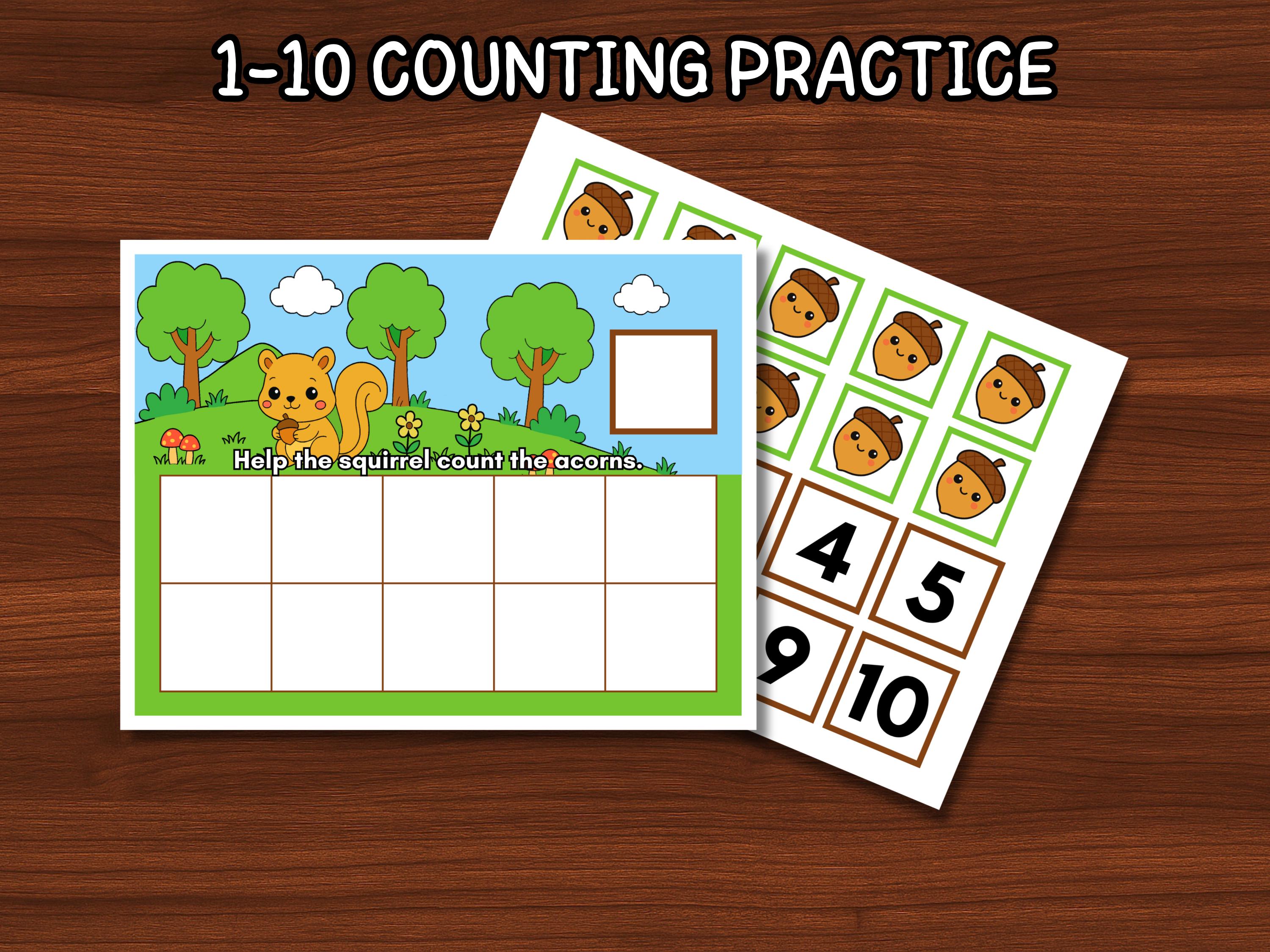Ten Frame Toddler Count and Match Game: Squirrel & Acorns; Numbers 1 to ...