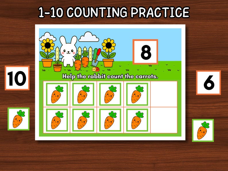 Ten Frame Toddler Count and Match Game: Rabbit & Carrots; Numbers 1 to ...