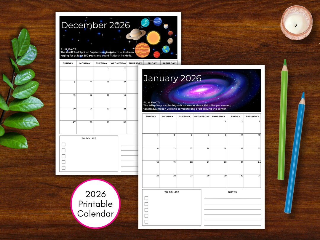 2026 Space Calendar Printable: Astronomy Fun Facts, Galaxy Theme (PDF ...