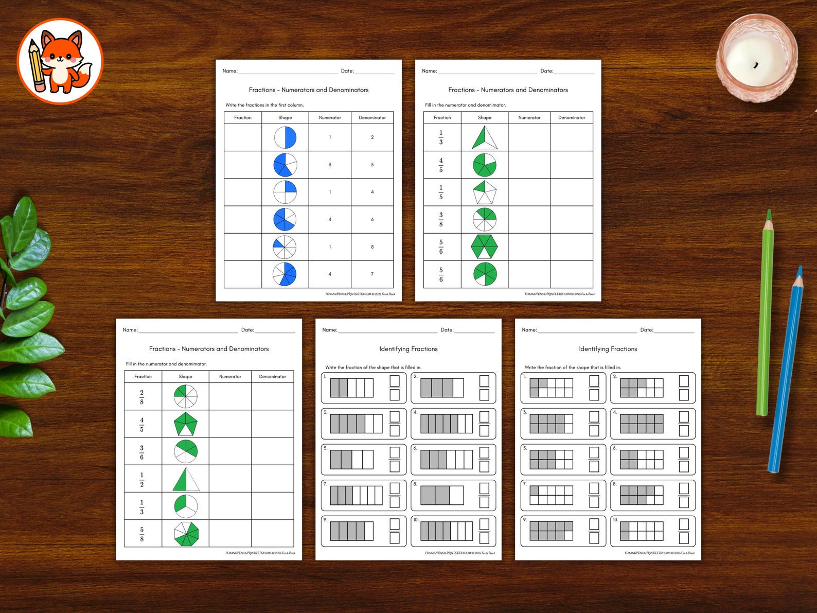 Beginning Fractions Worksheets: Identifying Numerators and Denominators ...