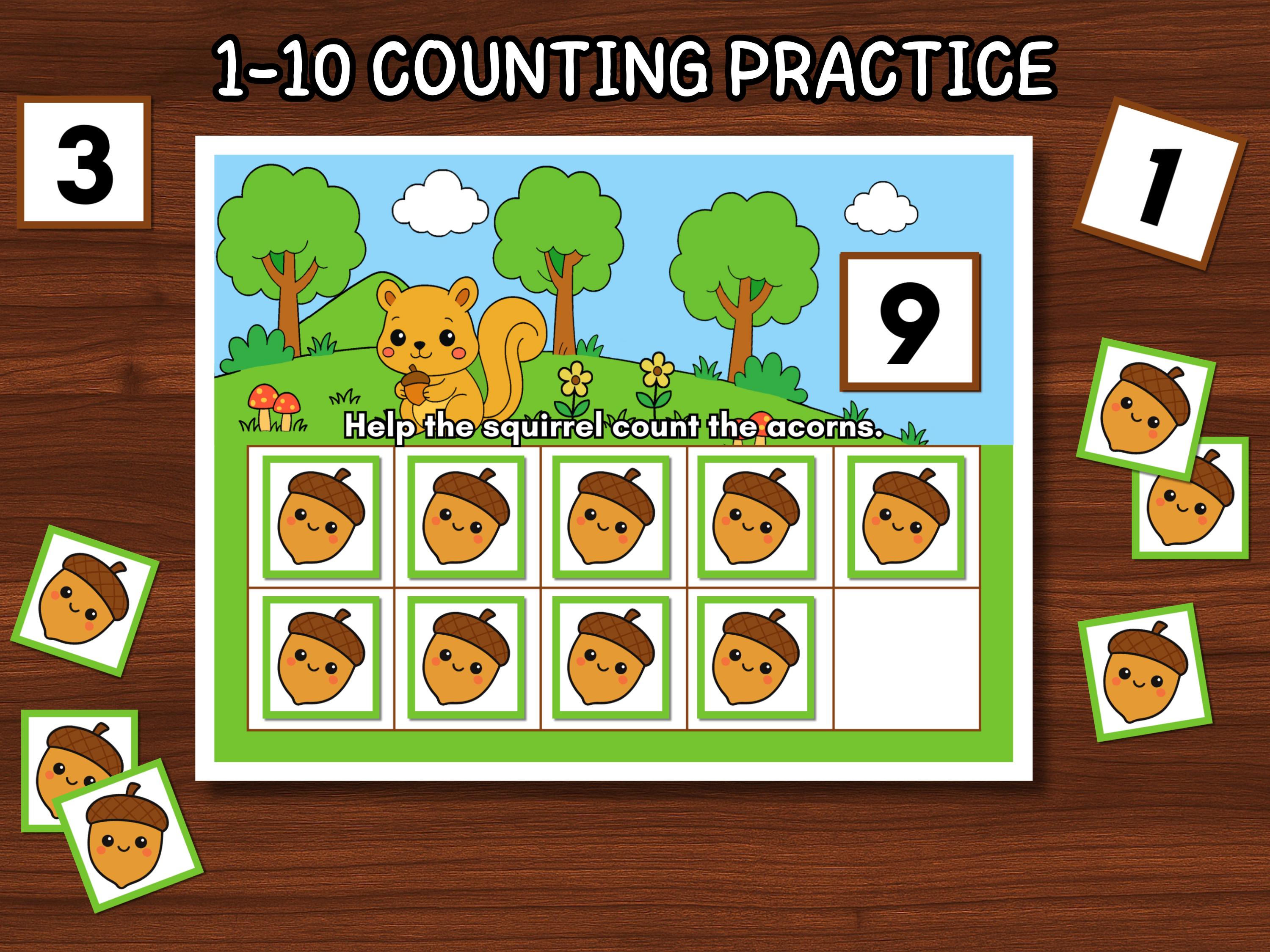 Ten Frame Toddler Count and Match Game: Squirrel & Acorns; Numbers 1 to ...