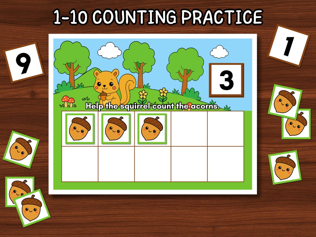Ten Frame Toddler Count and Match Game: Squirrel & Acorns; Numbers 1 to ...