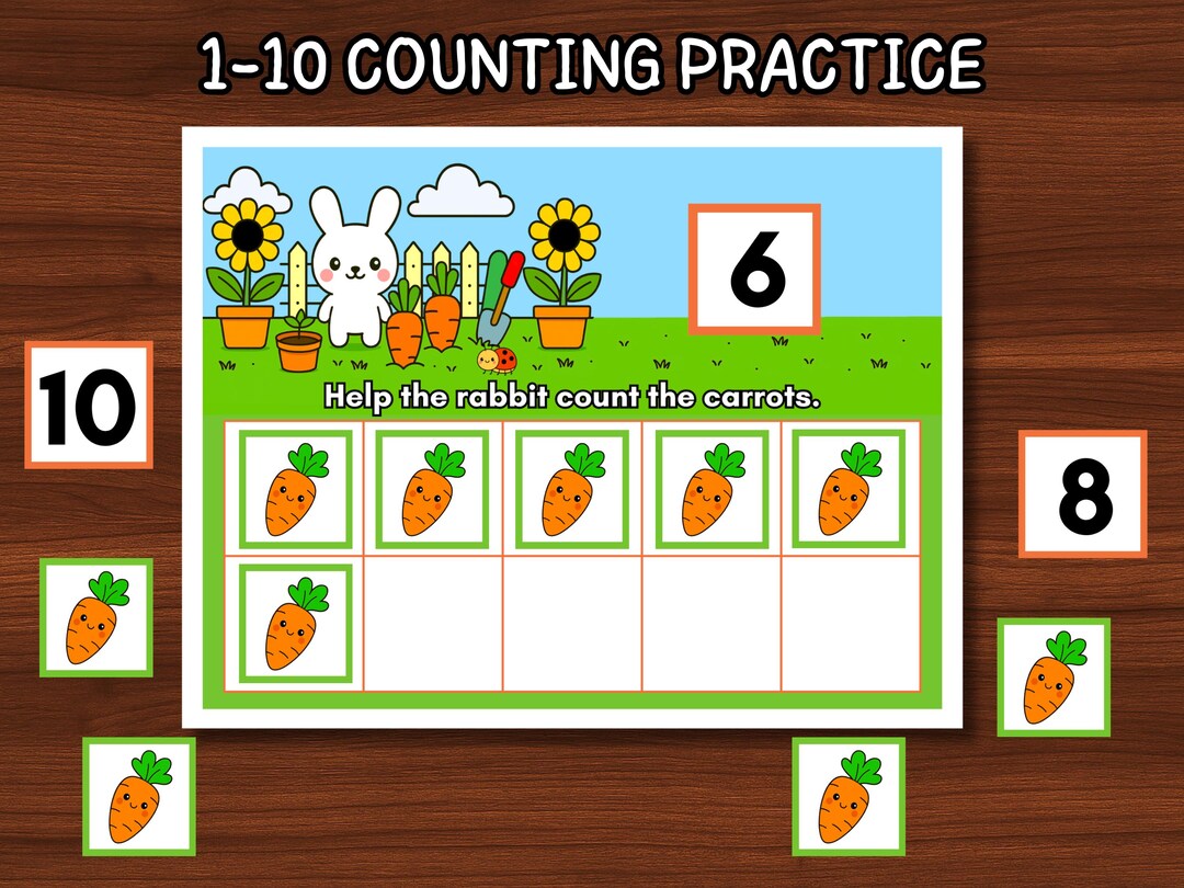 Ten Frame Toddler Count and Match Game: Rabbit & Carrots; Numbers 1 to ...