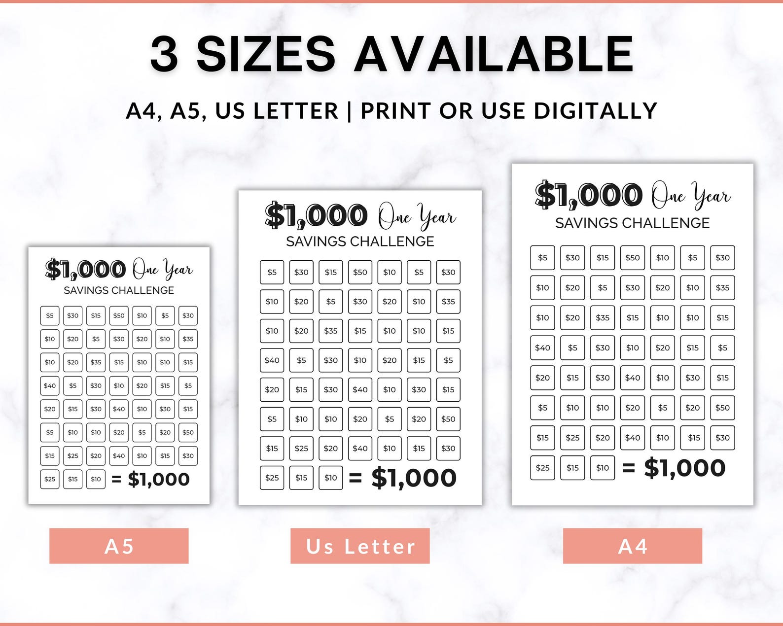1000 Savings Challenge Printable, Savings Tracker, 1000 Dollars in One ...