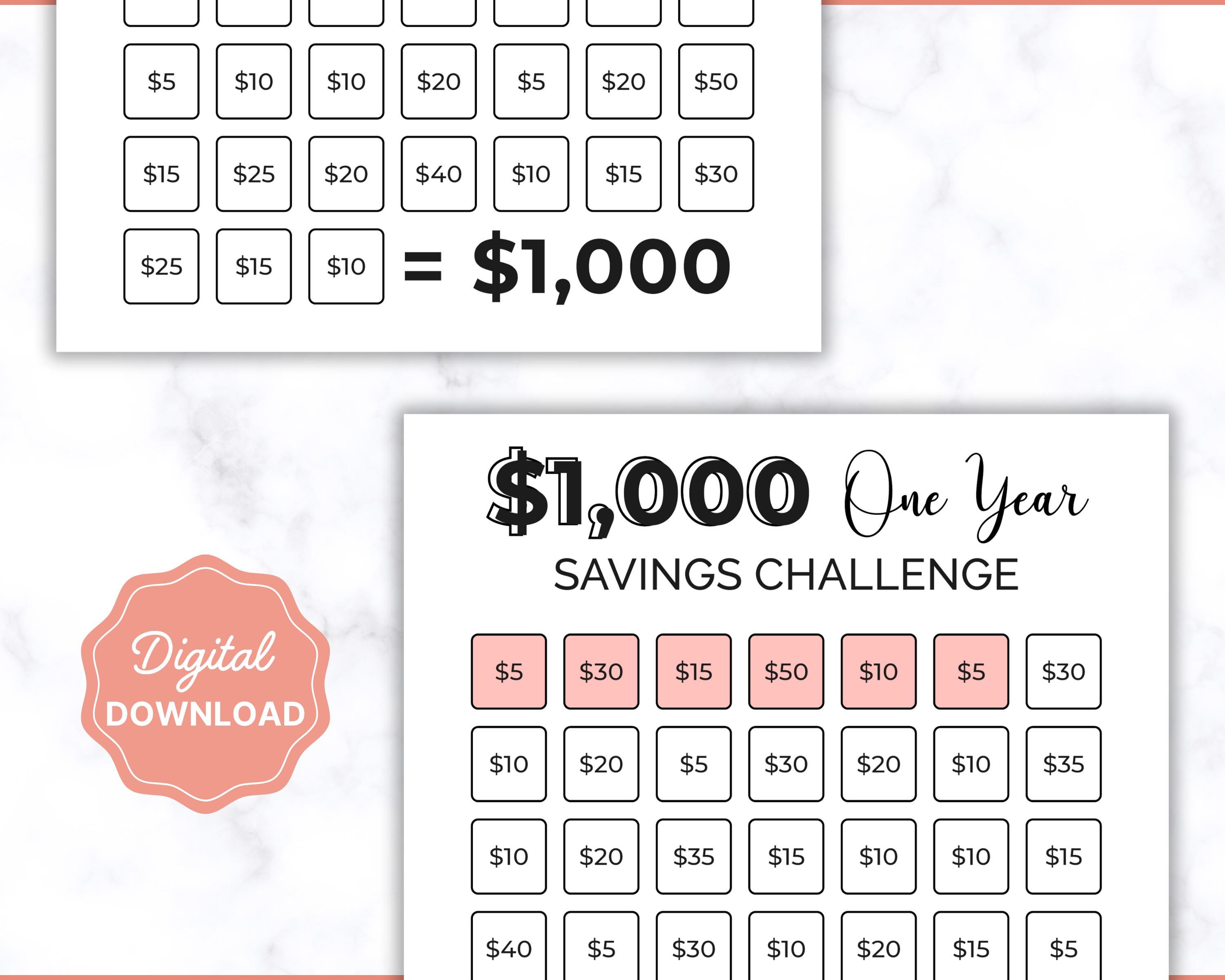 1000 Savings Challenge Printable, Savings Tracker, 1000 Dollars in One ...