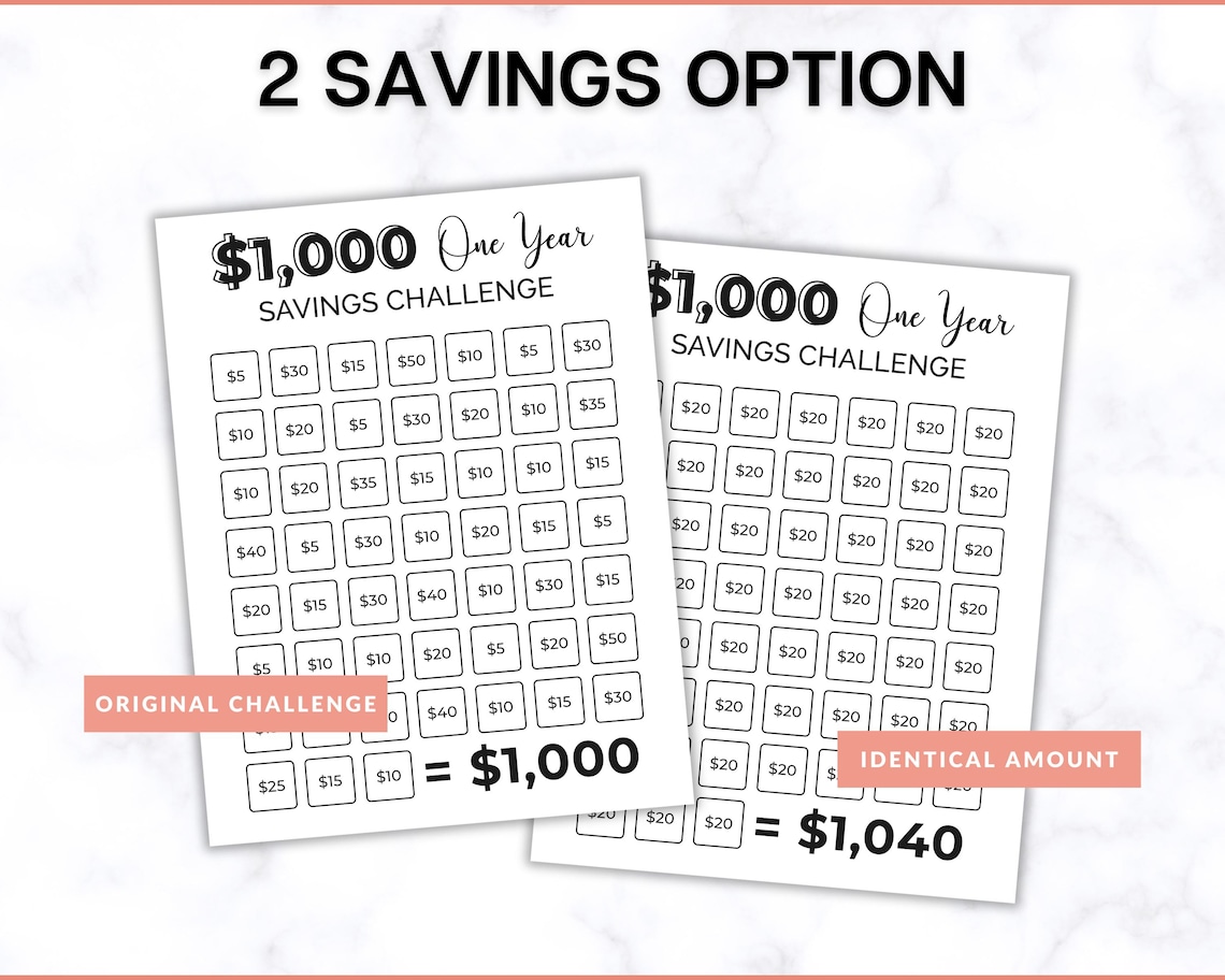 1000 Savings Challenge Printable, Savings Tracker, 1000 Dollars in One ...
