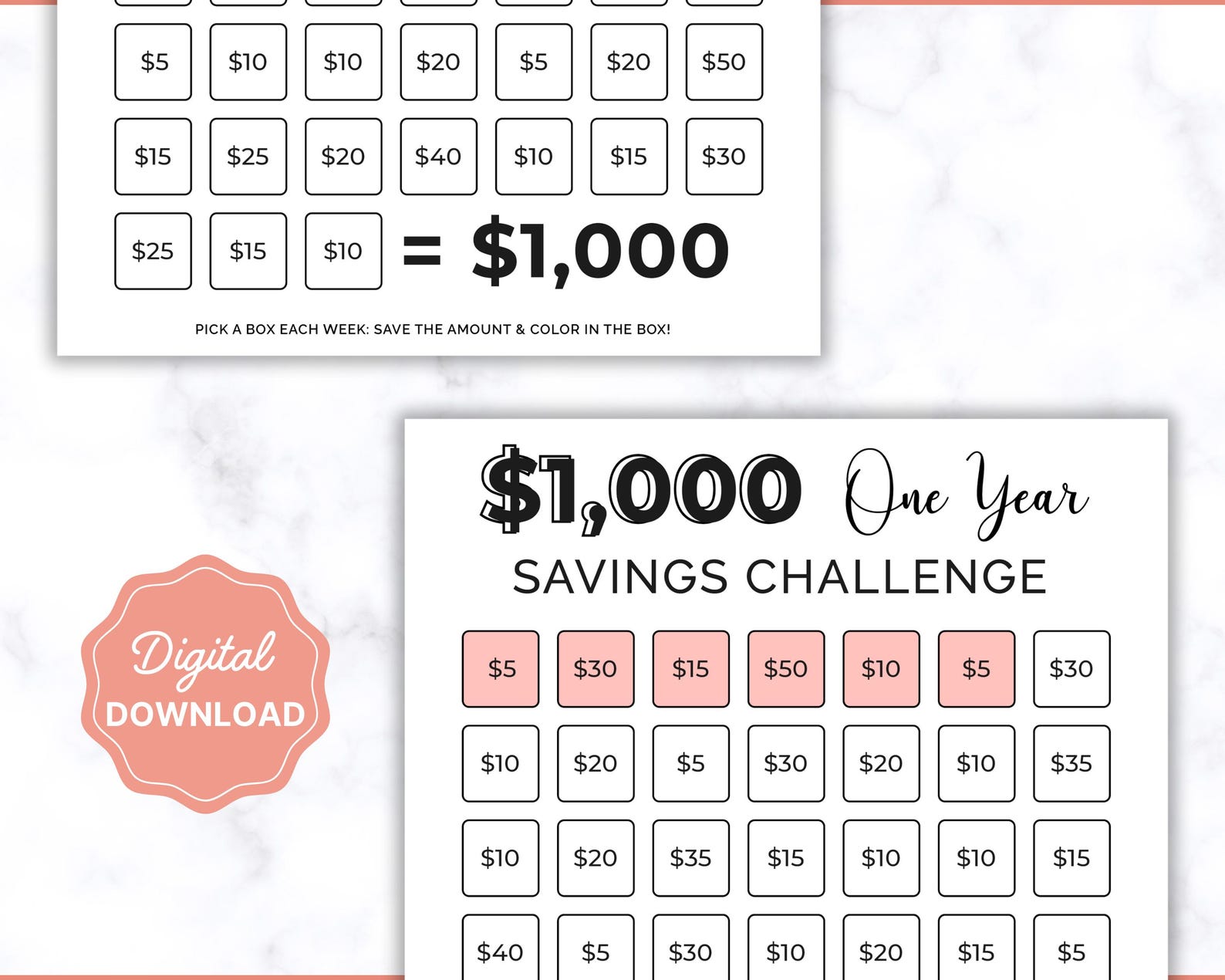 1000 Savings Challenge Printable, Savings Tracker, 1000 Dollars in One ...