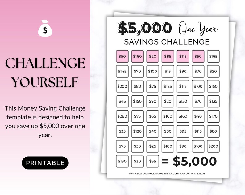 5000 Savings Challenge Printable, Savings Tracker, 5000 Dollars in One ...