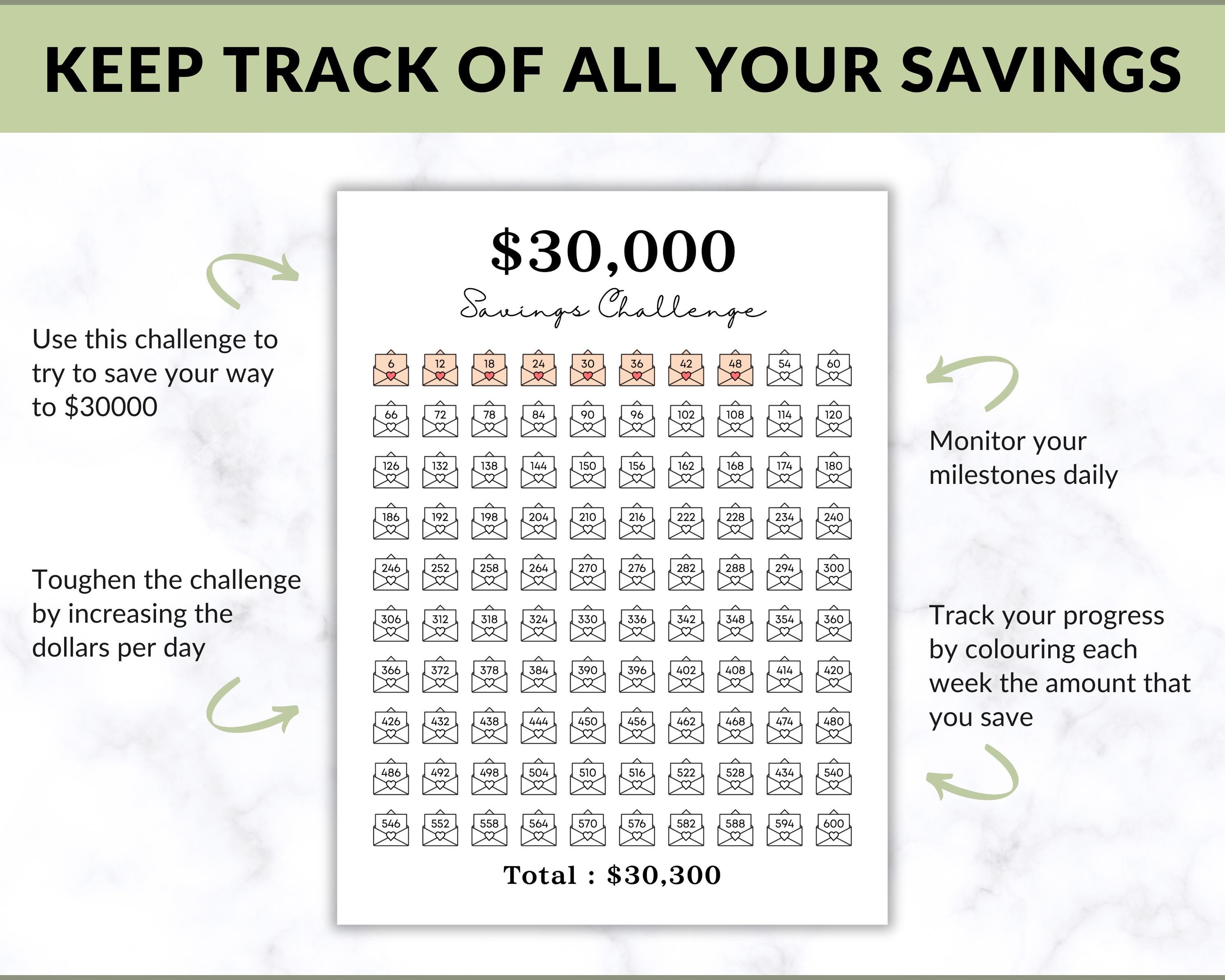 30000 Savings Challenge Printable, Savings Tracker, 30k Savings ...