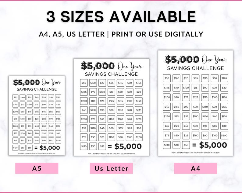 5000 Savings Challenge Printable, Savings Tracker, 5000 Dollars in One ...