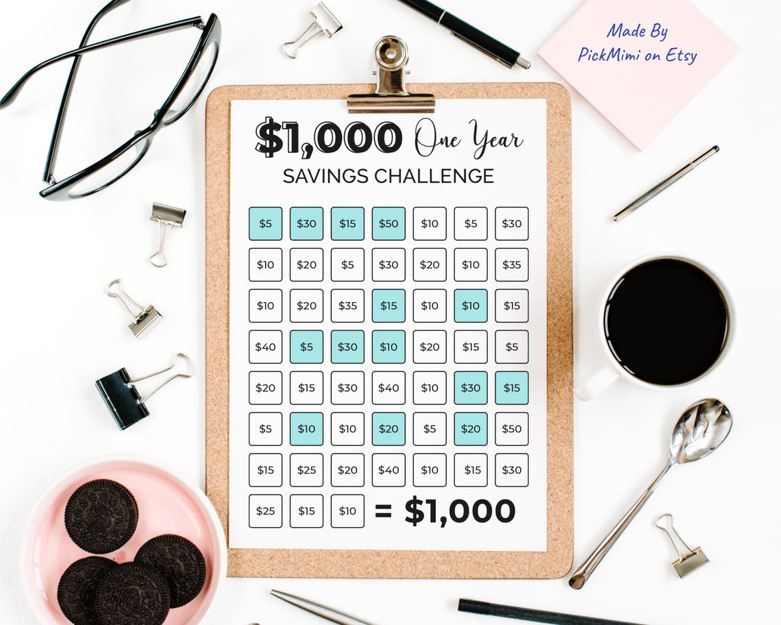 1000 Savings Challenge Printable, Savings Tracker, 1000 Dollars in One ...