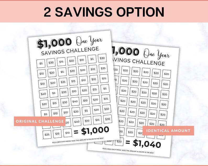 1000 Savings Challenge Printable, Savings Tracker, 1000 Dollars in One ...