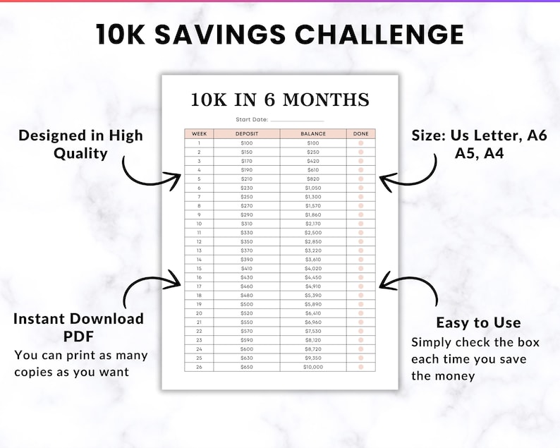 10000 Savings Challenge Printable, Save 10k in 6 Months, 10k in 26 Weeks Money Savings Tracker ...