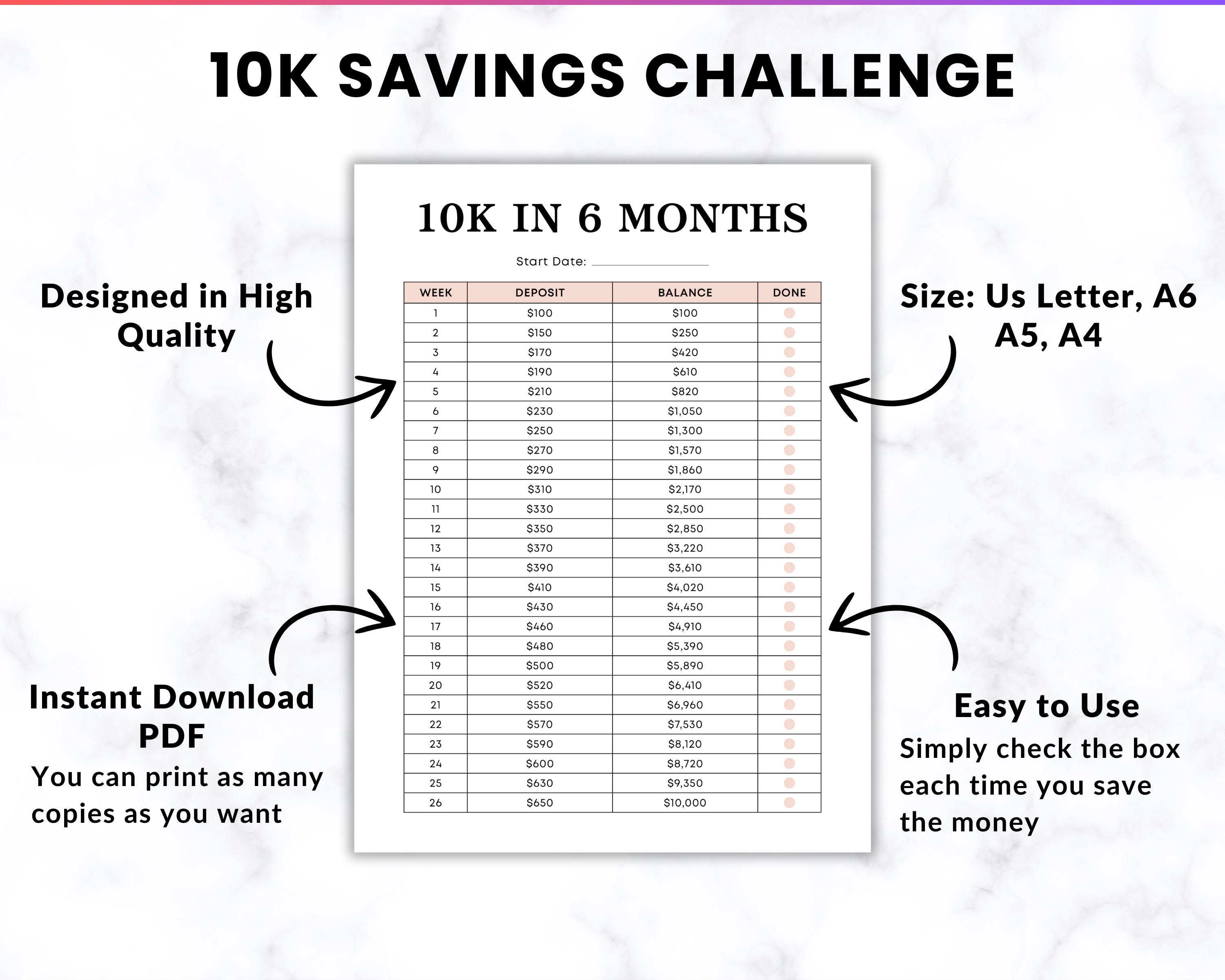 10000 Savings Challenge Printable, Save 10k in 6 Months, 10k in 26 ...