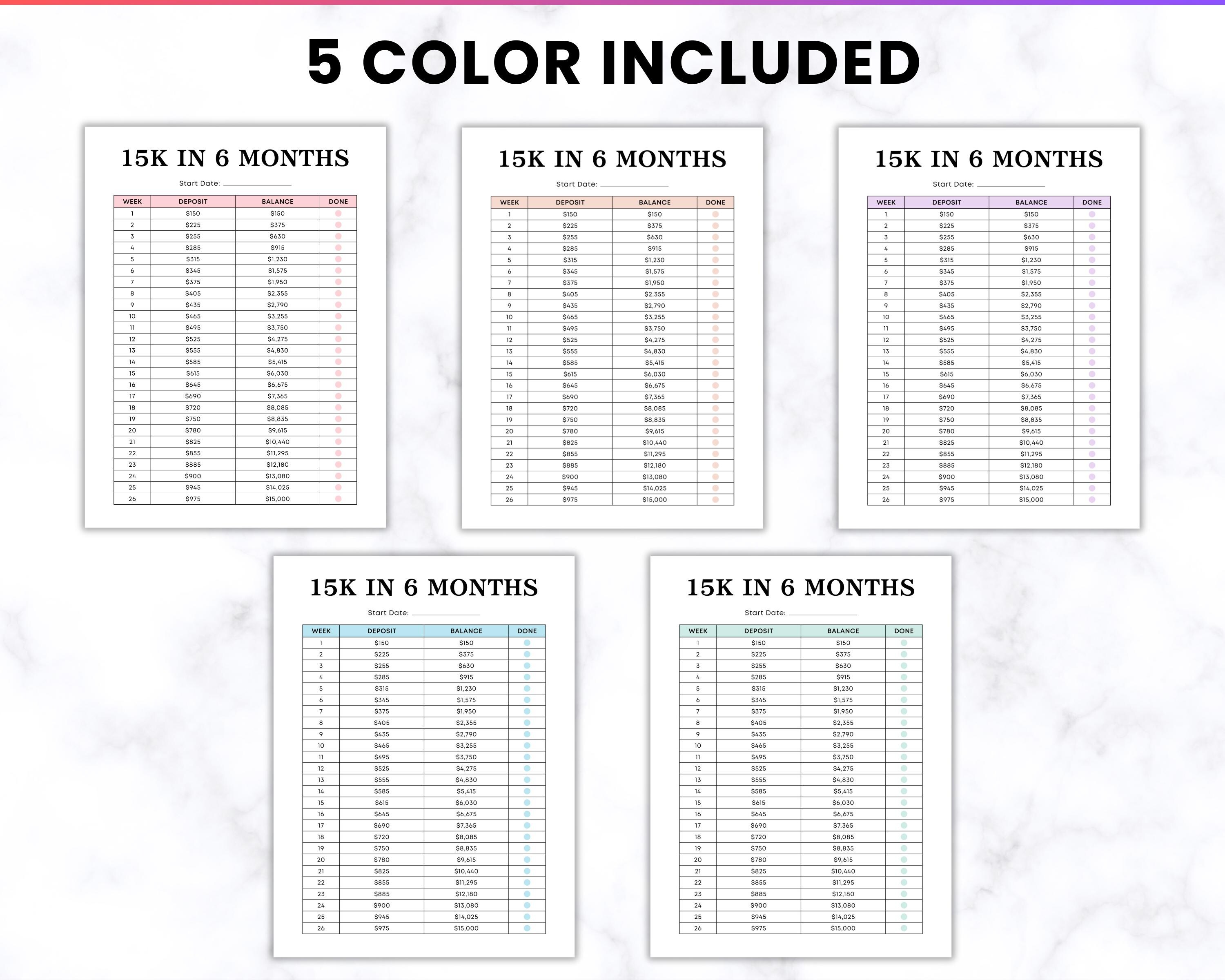 15000 Savings Challenge Printable, Save 15k in 6 Months, 15k in 26 ...