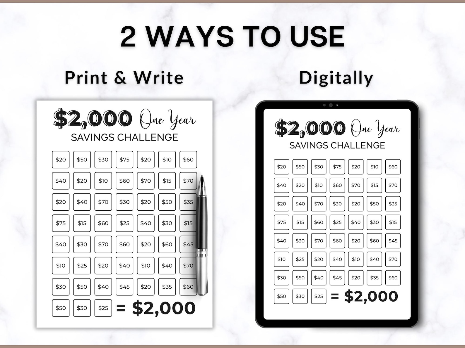 2000 Savings Challenge Printable, Savings Tracker, 2000 Dollars in One ...