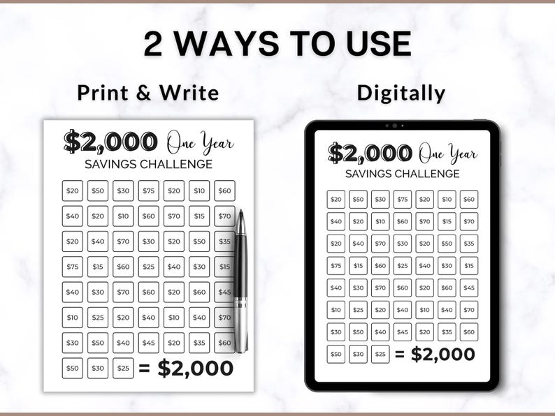 2000 Savings Challenge Printable, Savings Tracker, 2000 Dollars in One ...