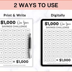 1000 Savings Challenge Printable, Savings Tracker, 1000 Dollars in One ...