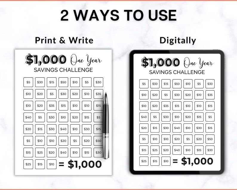 1000 Savings Challenge Printable, Savings Tracker, 1000 Dollars in One ...