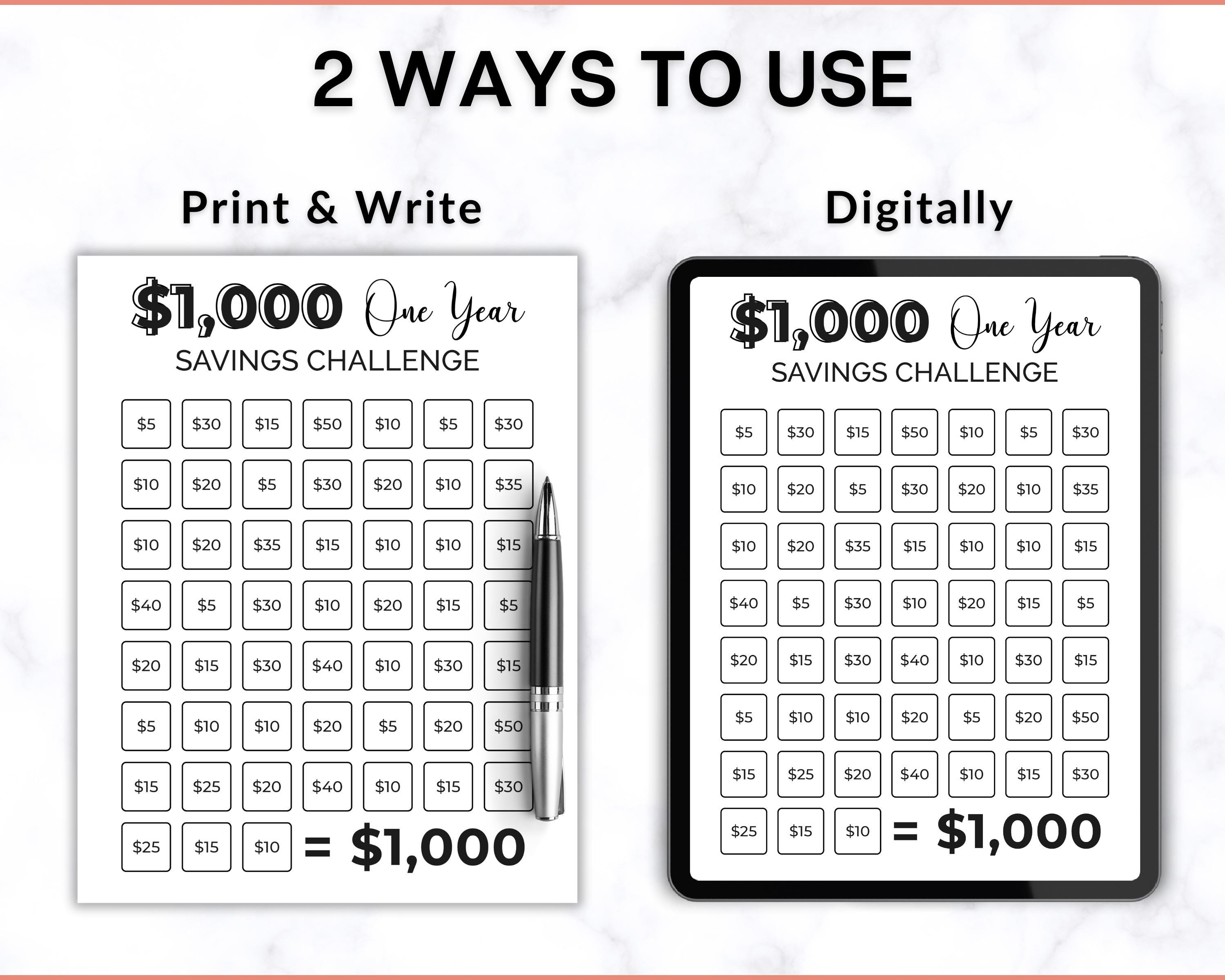 1000 Savings Challenge Printable, Savings Tracker, 1000 Dollars in One ...
